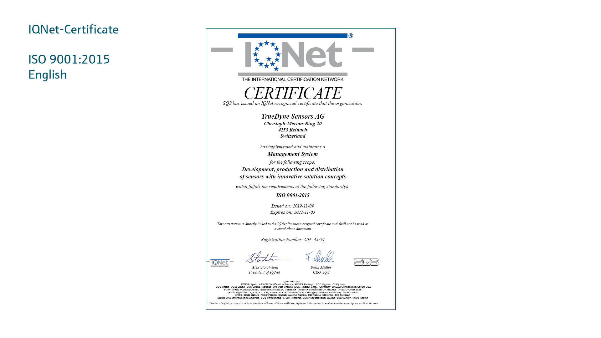 TrueDyne IQNet Management System Certicate – EN | TrueDyne Sensors AG