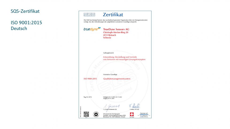 TrueDyne SQS Management System Certificate – DE | TrueDyne Sensors AG