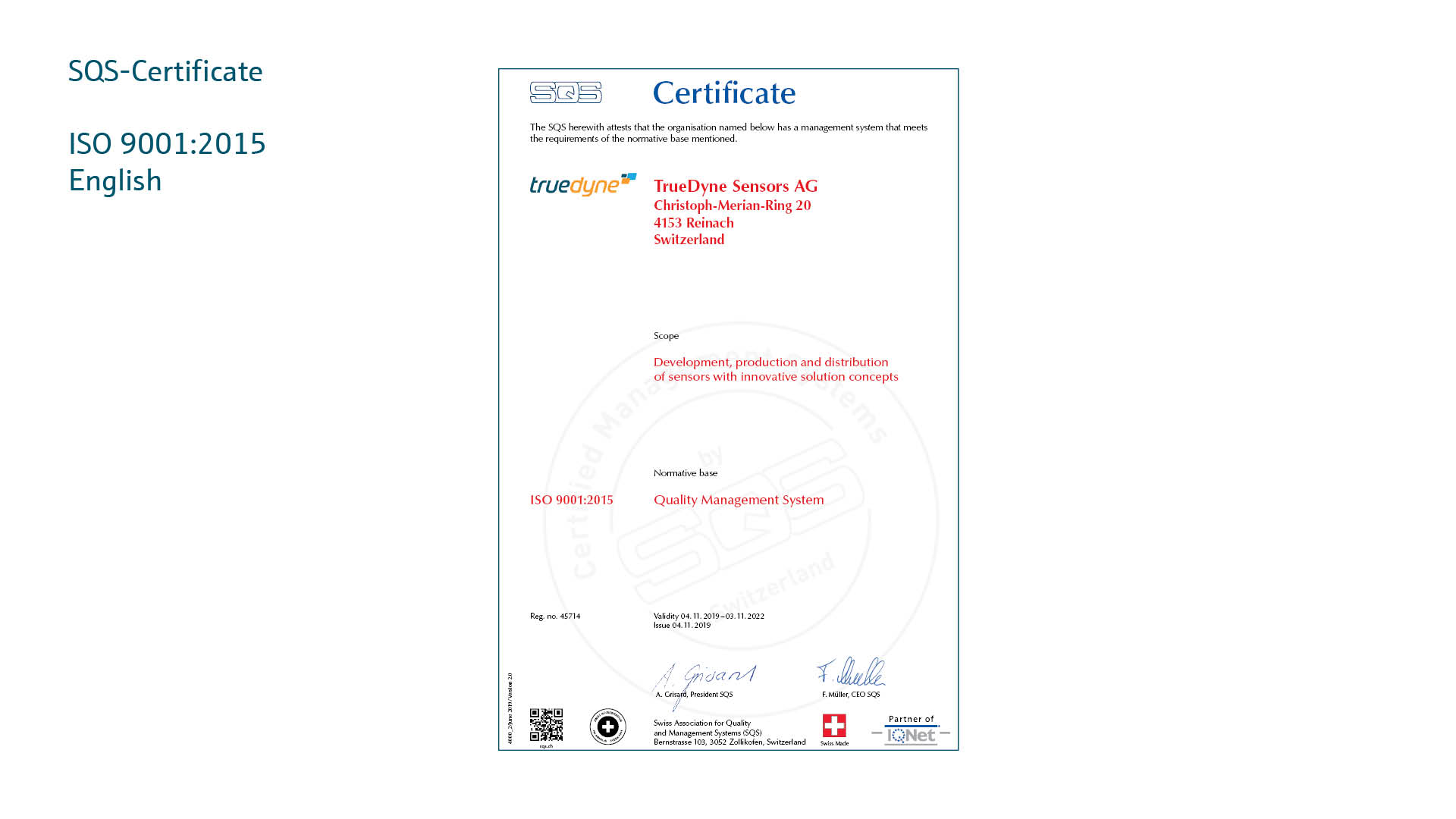 TrueDyne SQS Management System Certificate – EN | TrueDyne Sensors AG